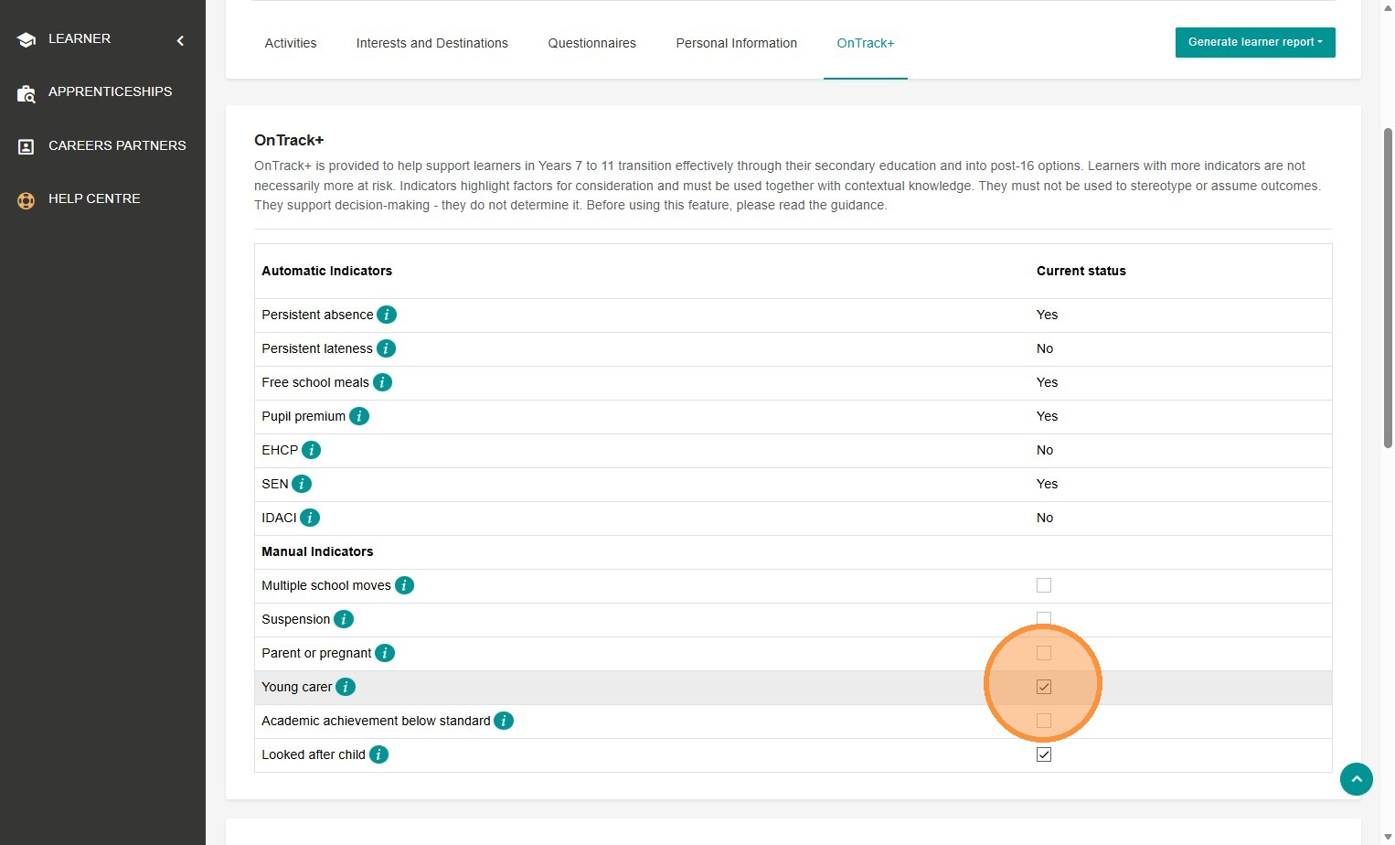 Recording manual OnTrack+ indicators and flagging for intervention from ...