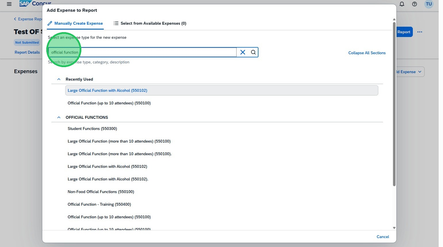 Concur Expense: Reconciling an Official Function Expense