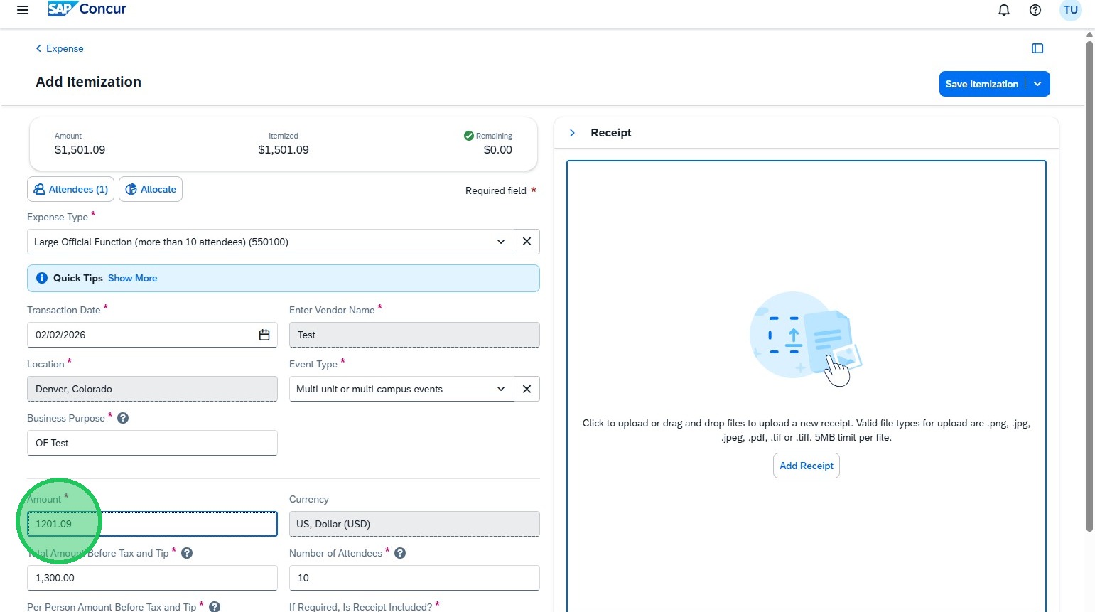 Concur Expense: Reconciling an Official Function Expense