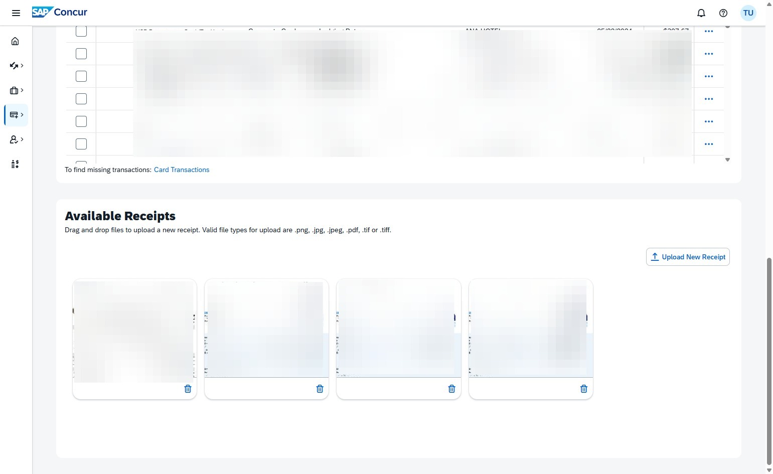 Concur Expense: Available Receipts Section
