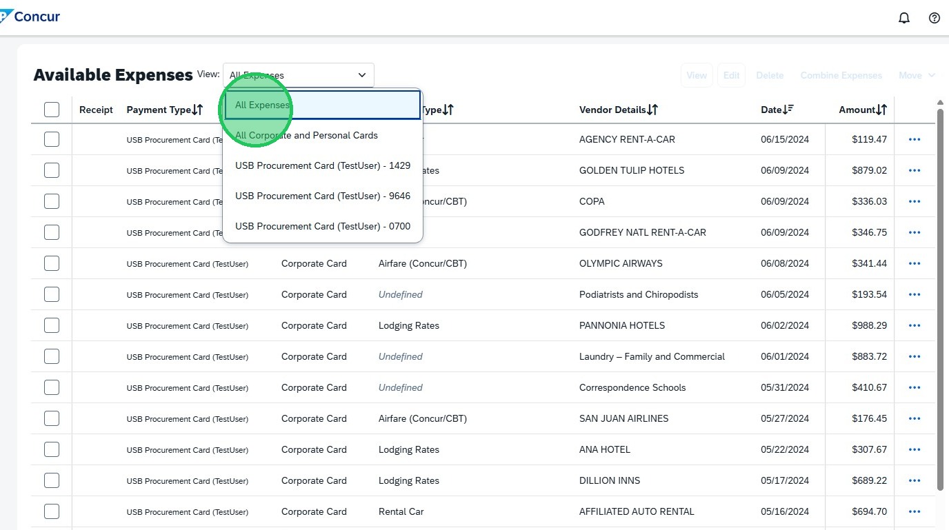 Concur Expense: Available Expenses Section