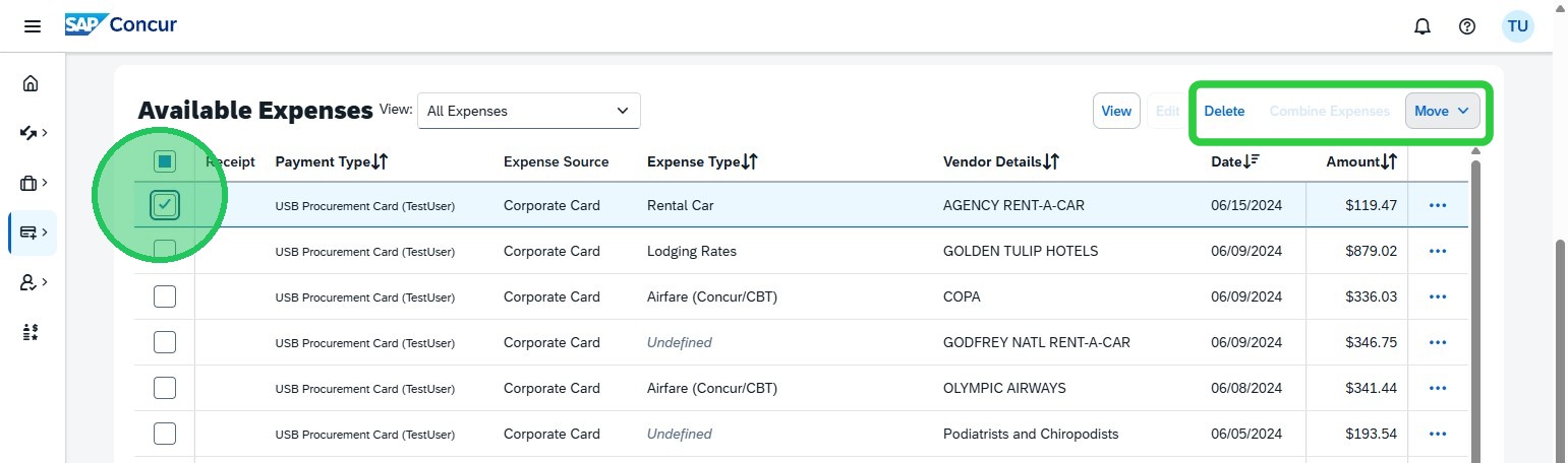 Concur Expense: Available Expenses Section